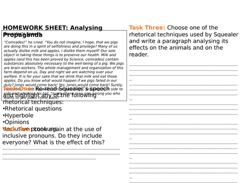 Animal Farm Worksheet - analysing propaganda in Squealer's Speech Ch.3 ...