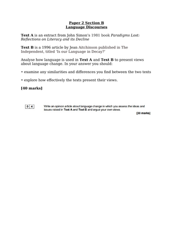 English Language A Level Paper 2 + Answers 3 | Teaching Resources
