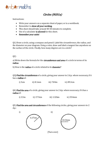 Year 8 Maths Worksheet - Circles (Answers Included) | Teaching Resources