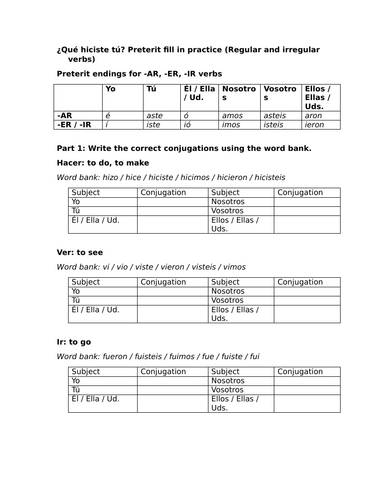 ¿Qué hiciste tú? Preterit fill in practice (Regular and irregular verbs ...