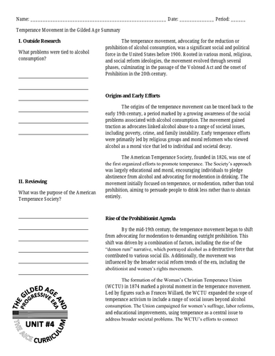 Temperance Movement in the Gilded Age Summary | Teaching Resources