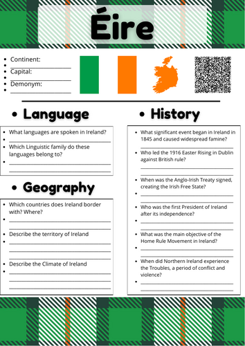 Country Study Worksheets on Ireland - Europe | Teaching Resources