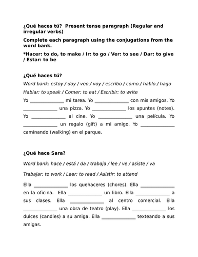 ¿Qué haces tú? Present tense paragraph (Regular and irregular verbs ...