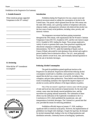 Prohibition during the Progressive Era Summary | Teaching Resources