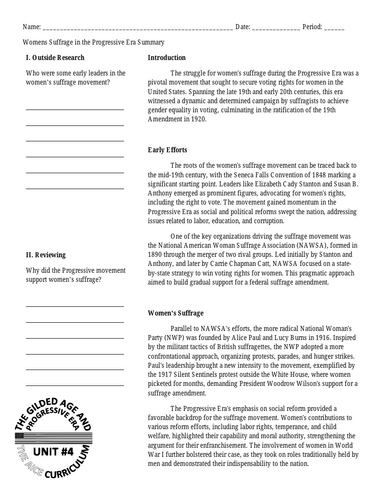 Women's Suffrage during the Progressive Era Summary | Teaching Resources