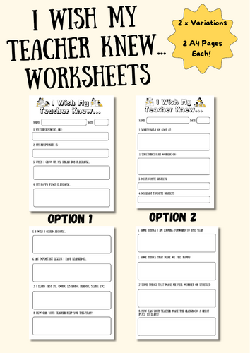 I Wish My Teacher Knew Worksheet - Start of Year, Back to School ...