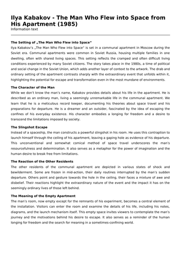 Ilya Kabakov - The Man Who Flew into Space from His Apartment (1985 ...