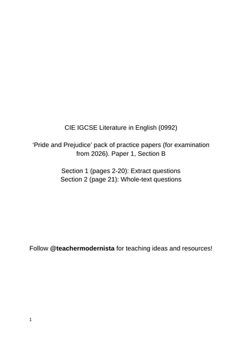 'Pride and Prejudice' IGCSE CIE Practice Questions | Teaching Resources