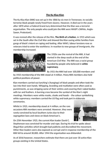 KKK - USA 1920s | Teaching Resources