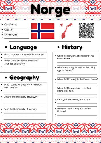 Country Study Worksheets on Norway - Europe - Scandinavia | Teaching ...