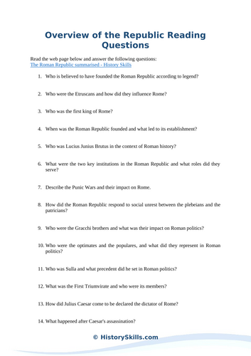 History of the Republic Reading Questions Worksheet | Teaching Resources