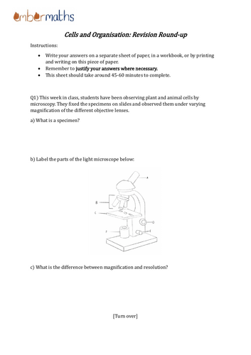 KS3 Biology Revision Worksheet - Cells and Organisation (Answers ...