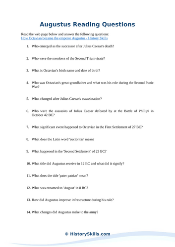 Life of Emperor Augustus Reading Questions Worksheet | Teaching Resources