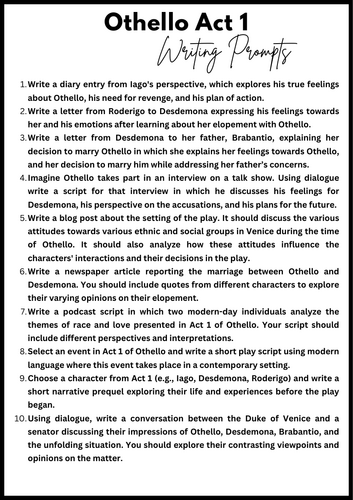 Othello by William Shakespeare Act 1 Post-Reading Creative Writing ...