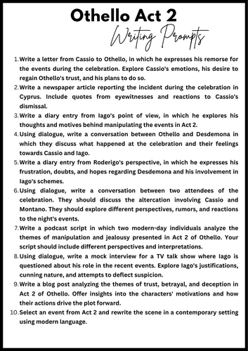 Othello by William Shakespeare Act 2 Post-Reading Creative Writing ...