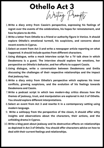 Othello by William Shakespeare Act 3 Post-Reading Creative Writing ...