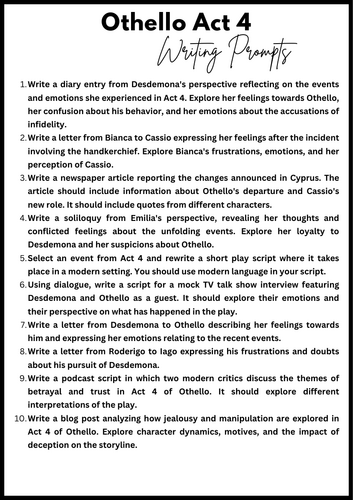 Othello by William Shakespeare Act 4 Post-Reading Creative Writing ...