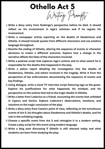 Othello by William Shakespeare Act 5 Post-Reading Creative Writing ...