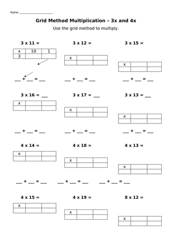 Grid Multiplication Worksheets (3, 4 and 8 times table) | Teaching Resources