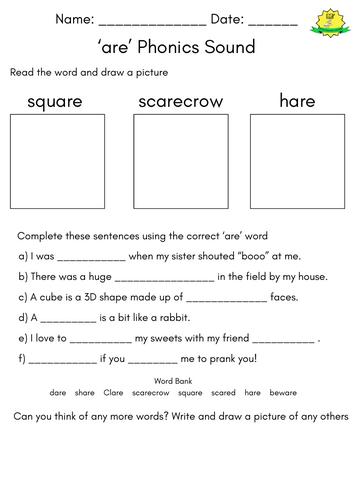 'are' Phonics Sound Worksheet Activity (Set 3 RWI aligned) | Teaching ...