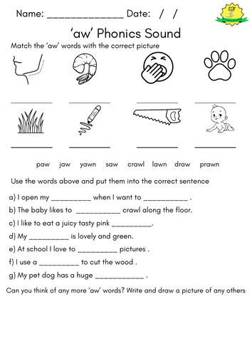 'aw' Phonics Sound Worksheet Activity (Set 3 RWI aligned) | Teaching ...