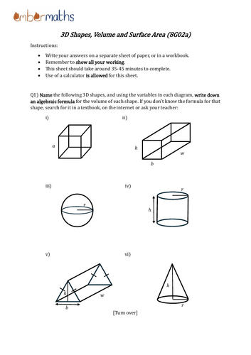 Year 8 Maths Worksheet - 3D Shapes, Volume and Surface Area (Answers ...