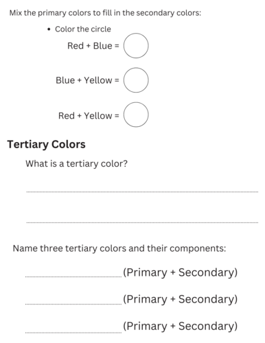 Printable mixing primary and secondary colors worksheet for ...