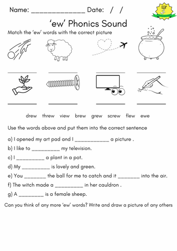 'ew' Phonics Sound Worksheet Activity (Set 3 RWI aligned) | Teaching ...