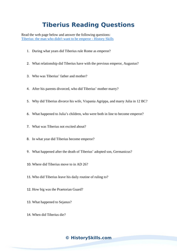 Emperor Tiberius Reading Questions Worksheet | Teaching Resources