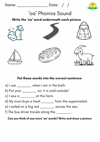 'oa' Phonics Sound Worksheet Activity (Set 3 RWI Aligned) | Teaching Resources