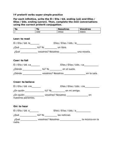 I-Y preterit verbs super simple practice | Teaching Resources