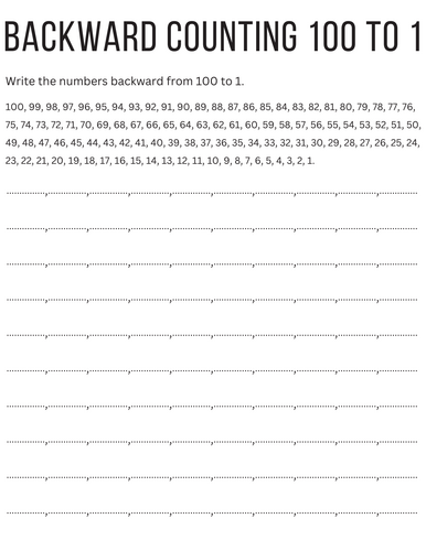 printable backward counting 100 to 1 worksheet for kindergarten ...