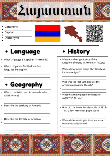 Country Study Worksheets on Armenia - Caucasus - Western Asia ...