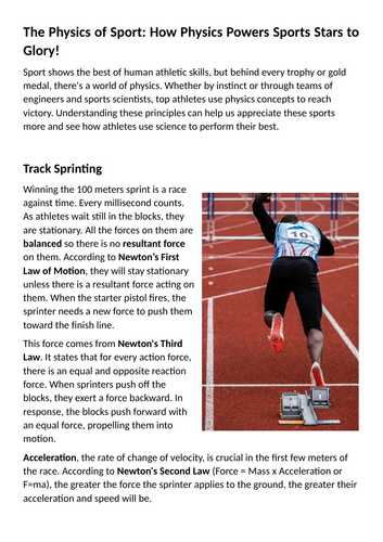 The Physics of Sport - Disciplinary Literacy Comprehension Activity ...