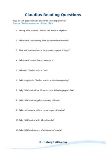Emperor Claudius Reading Questions Worksheet | Teaching Resources