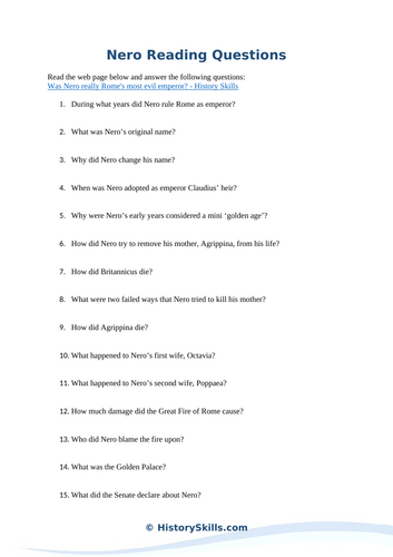 Emperor Nero Reading Questions Worksheet | Teaching Resources