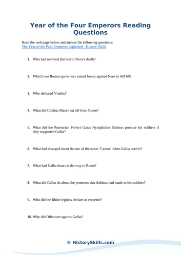 Year of the Four Emperors Reading Questions Worksheet | Teaching Resources