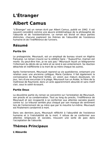 L'Étranger - Albert Camus - Overview - A Level French | Teaching Resources