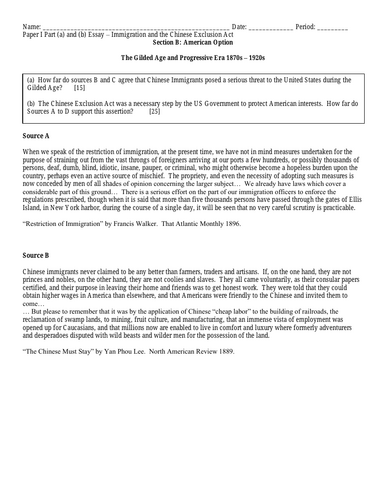 Paper 1 Immigration and the Chinese Exclusion Act | Teaching Resources