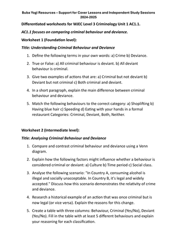 Three differentiated study/cover worksheets for WJEC Level 3 ...
