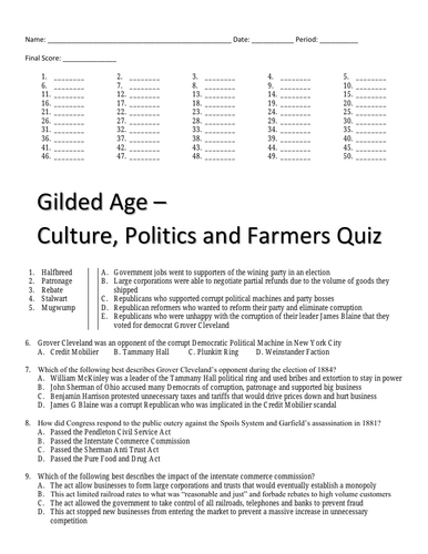 Four Quizzes for the Gilded Age and Progressive Era Topic | Teaching ...