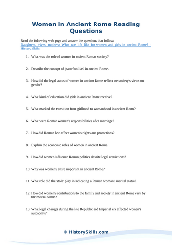 Women in Ancient Rome Reading Questions Worksheet | Teaching Resources