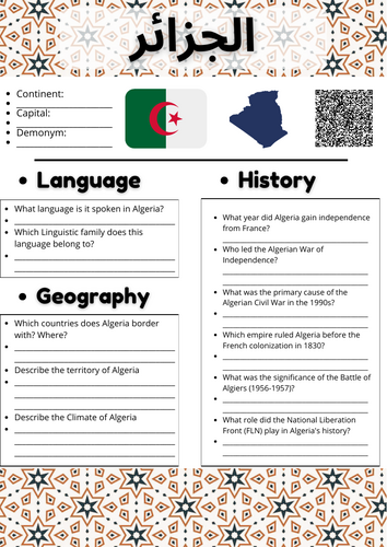 Country Study Worksheets on Algeria - Northern Africa - Maghreb ...