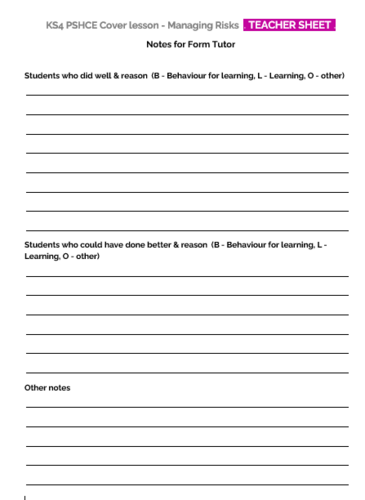 PSHCE cover lesson KS3 & 4 - standalone lesson on managing risk with ...