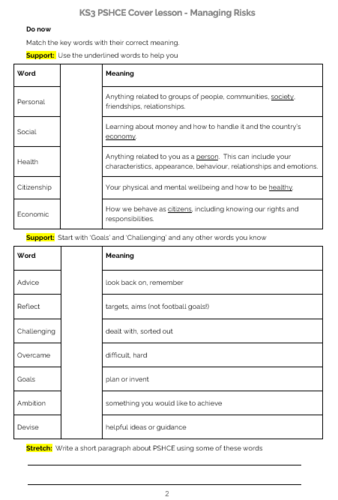 PSHCE cover lesson KS3 & 4 - standalone lesson on managing risk with ...