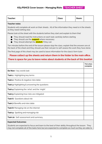 PSHCE cover lesson KS3 & 4 - standalone lesson on managing risk with ...