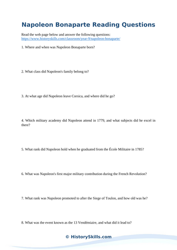 Rise and Fall of Napoleon Bonaparte Reading Questions Worksheet ...