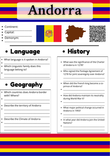 Country Study Worksheets on Andorra - Europe -Pyrenees | Teaching Resources