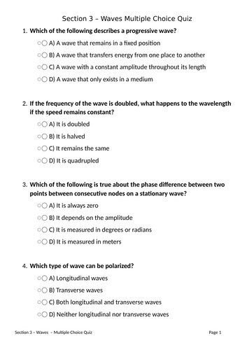 A-Level Physics - Revision Quiz - Waves (AQA) | Teaching Resources