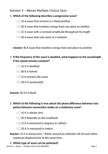 A-Level Physics - Revision Quiz - Waves (AQA) | Teaching Resources